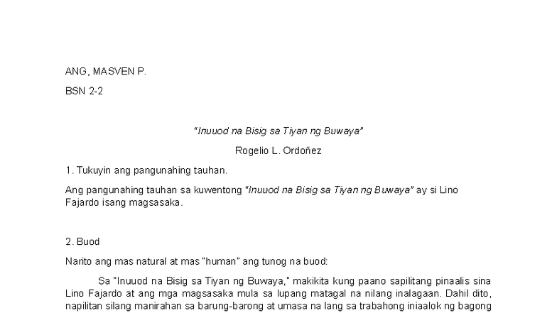 ANG, MASVEN P. BSN: Pagsusuri sa "Bisig sa Tiyan" at Simbolismo - Studocu