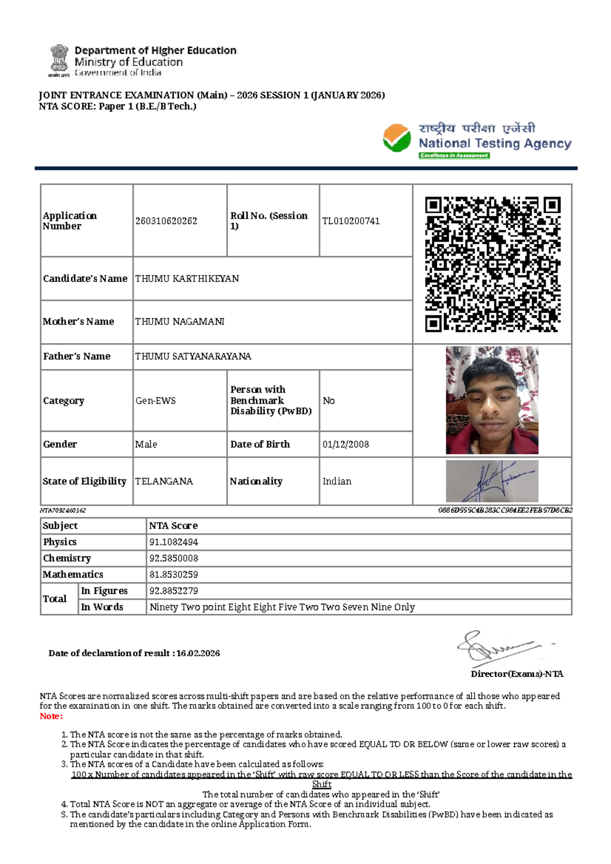JEE Main 2026 S1 Paper 1 NTA Score Report - Normalized Results - Studocu