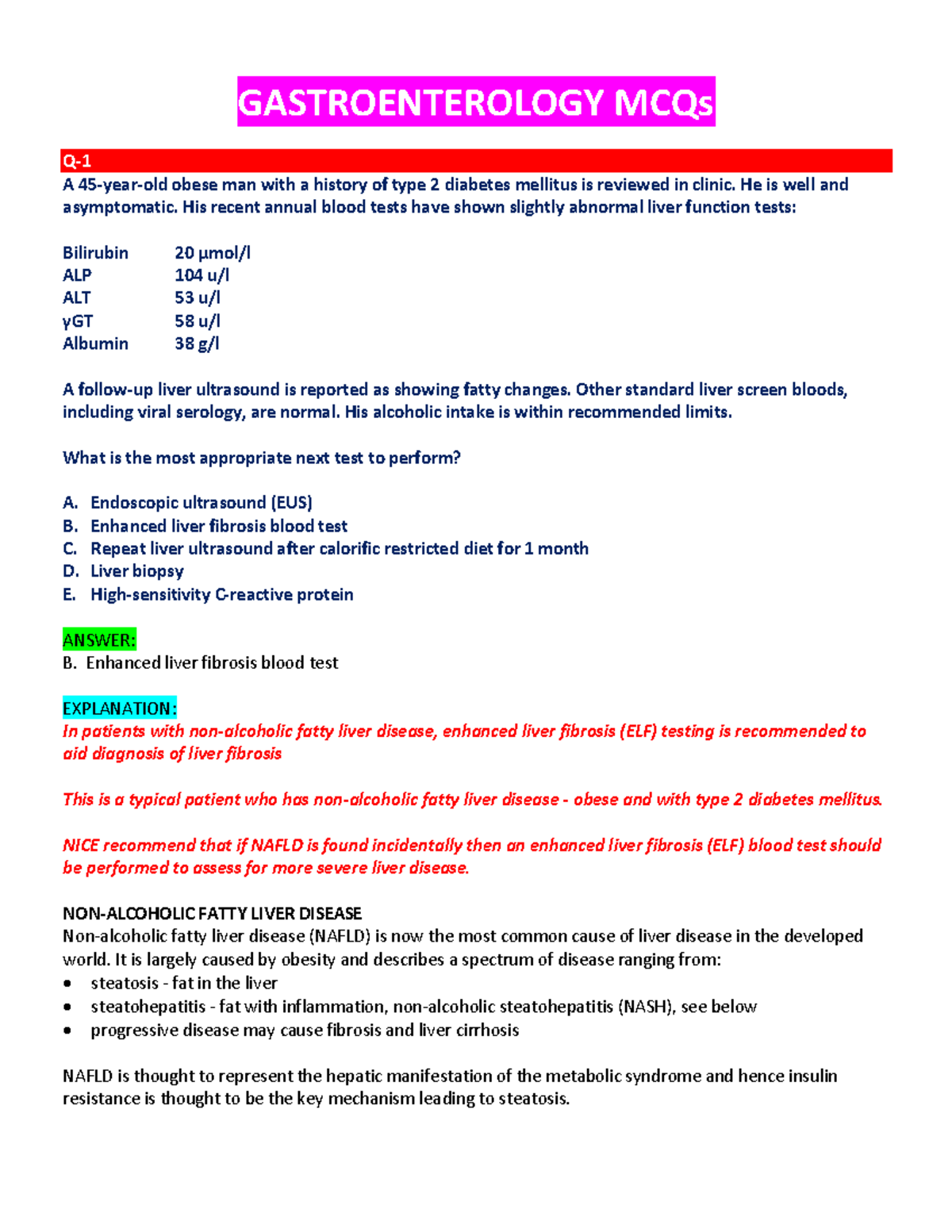 Passmedicine MCQs- Gastroenterology - GASTROENTEROLOGY MCQs Q- A 45-year-old obese man with a ...