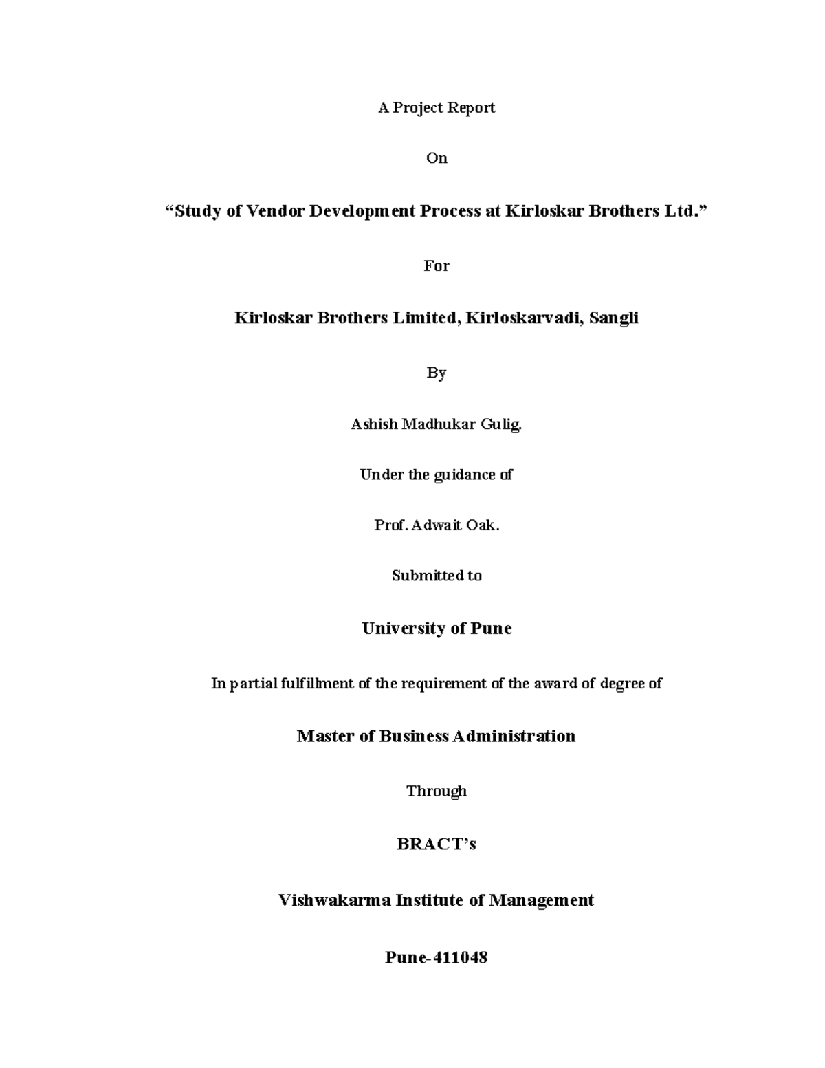 MBA Project Report: Vendor Development Process at KBL - Studocu