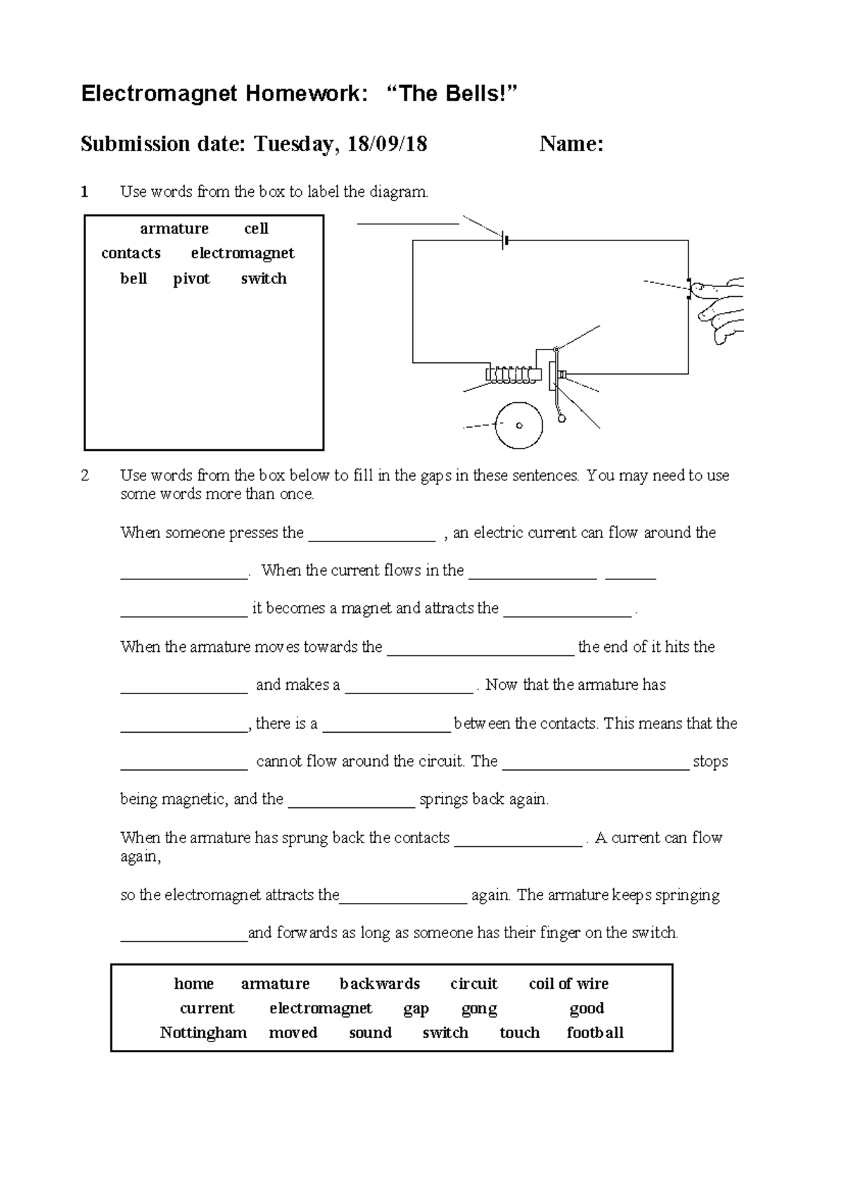Science Worksheet: Electromagnet Homework (The Bells!) - Studocu