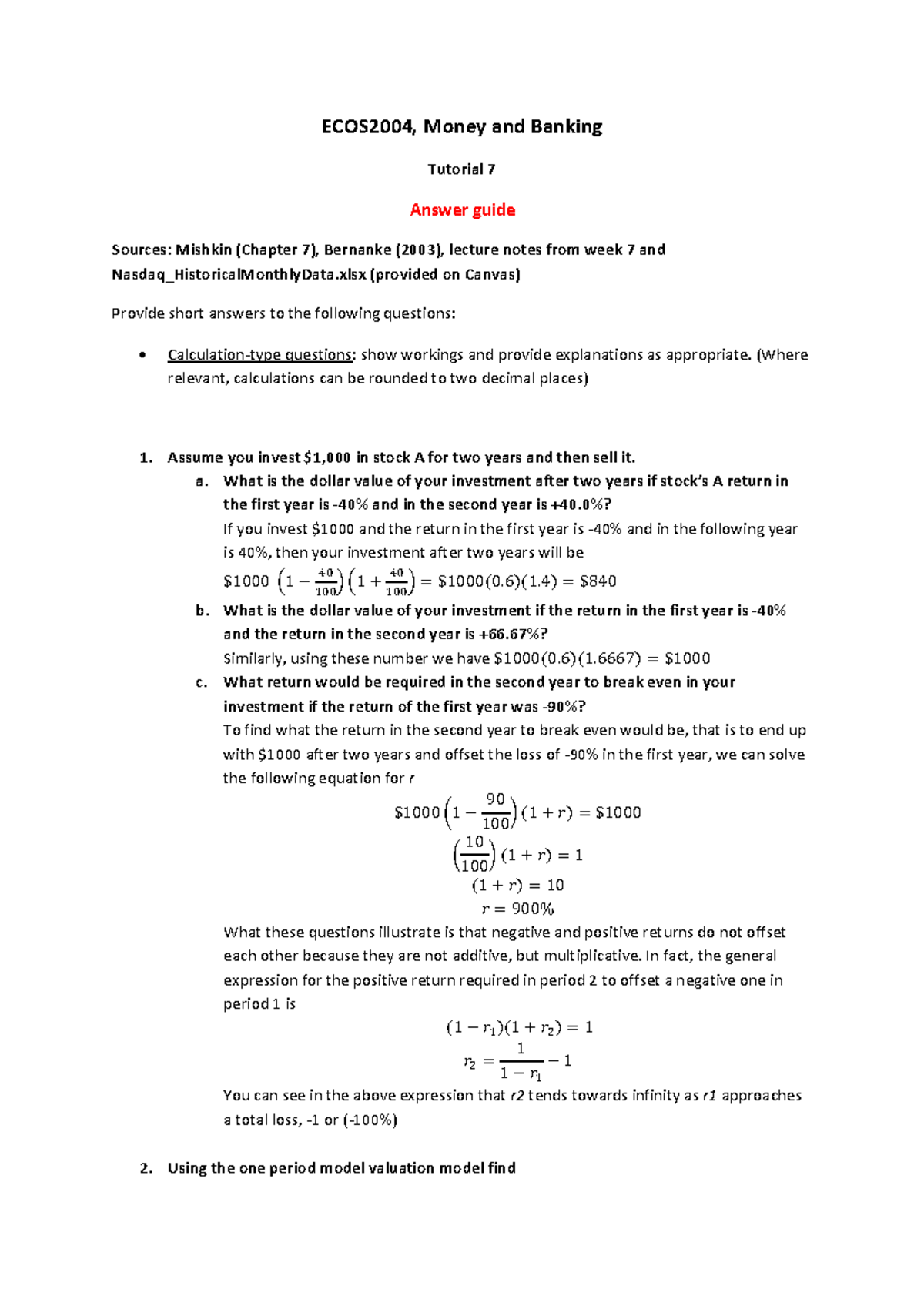 ECOS2004, Money and Banking Tutorial 7 Answer Guide and Solutions - Studocu