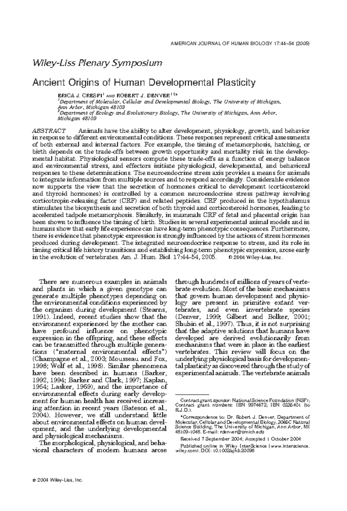 CRESPI 2005: Ancient Origins of Human Developmental Plasticity - Studocu