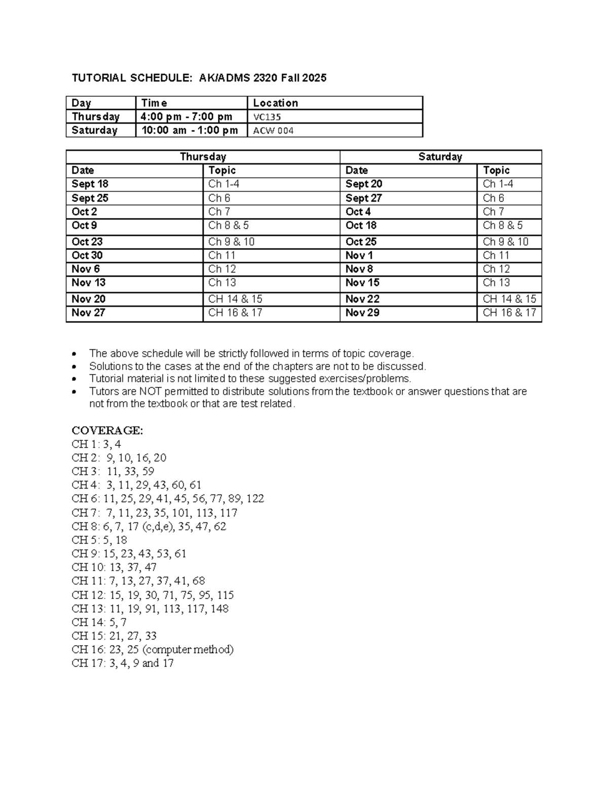Tutorial Schedule 2320 - Fall 2025 (On Campus) - Studocu