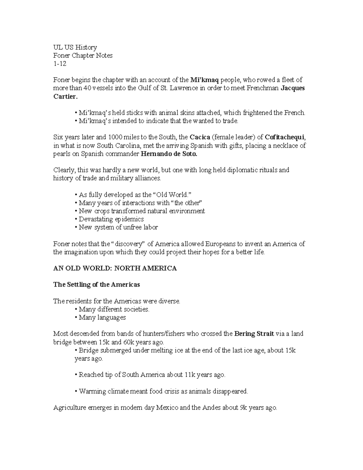 UL US History Foner Chapter Notes: The Americas and Their Cultures ...