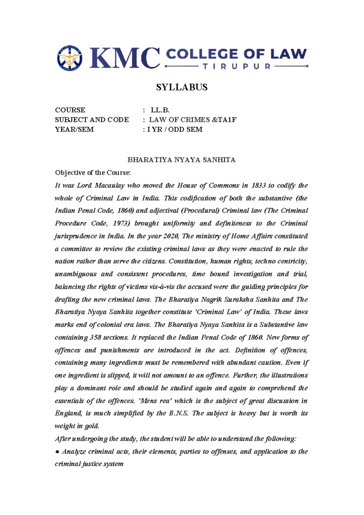 LL.B. I Year Odd Sem: Syllabus for Law of Crimes (Bharatiya Nyaya ...