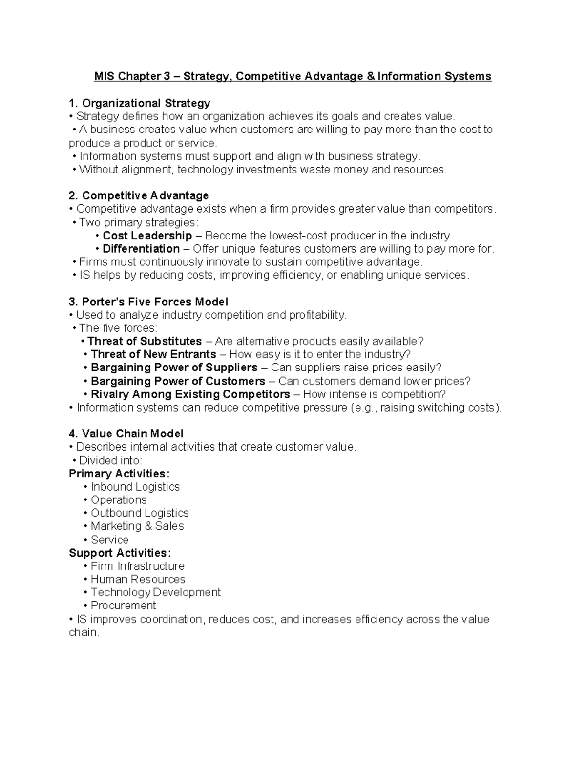 MIS Chapter 3 Summary: Strategy & Competitive Advantage Insights - Studocu