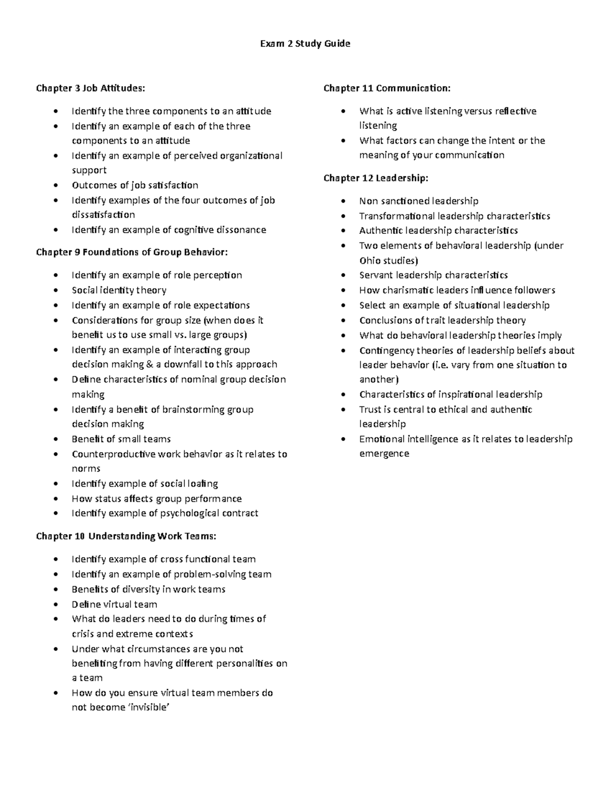 Exam 2 Study Guide: Job Attitudes, Group Behavior & Leadership Concepts ...