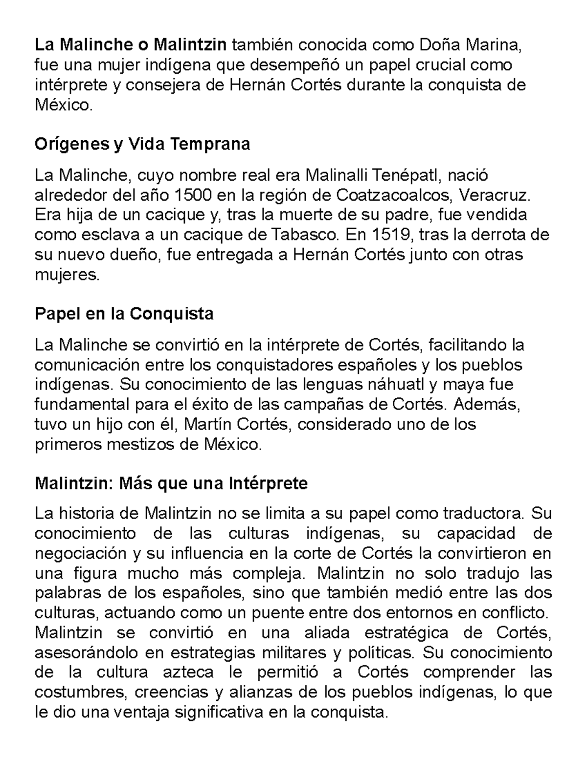 La Malinche: Biografía y Papel en la Conquista de México - Studocu