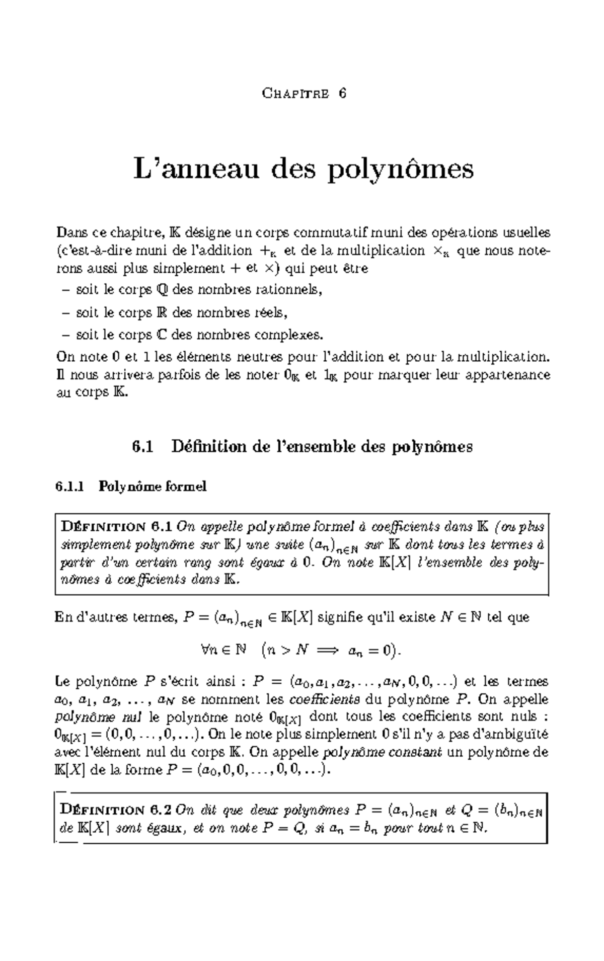 L'anneau des polynomes - CHAPITRE 6 L ' anneau des polynômes Dans ce ...