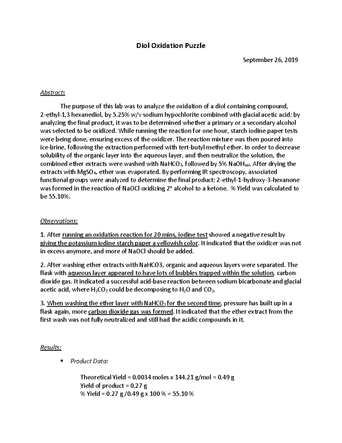 Lab 3 Report: Diol Oxidation of 2-Ethyl-1,3-Hexanediol Analysis - Studocu
