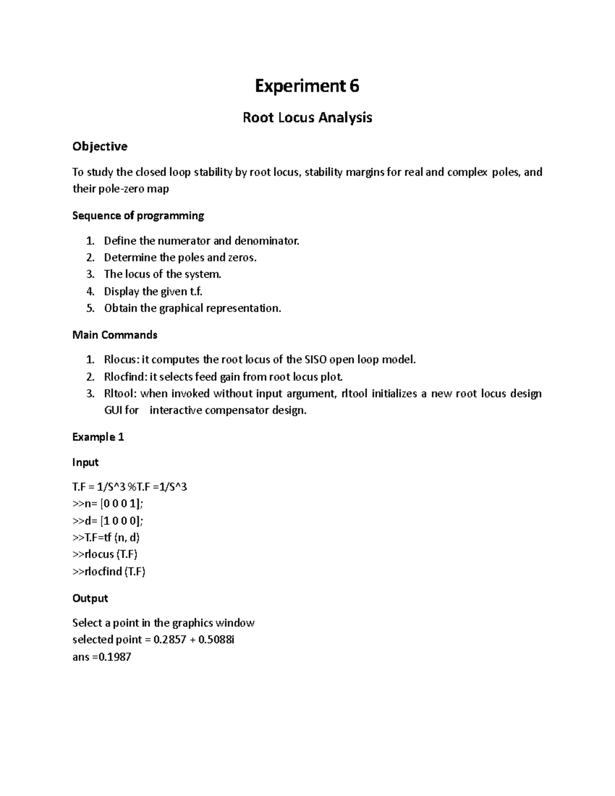 Root Locus Analysis - Experiment 6: Stability & Margins Study - Studocu