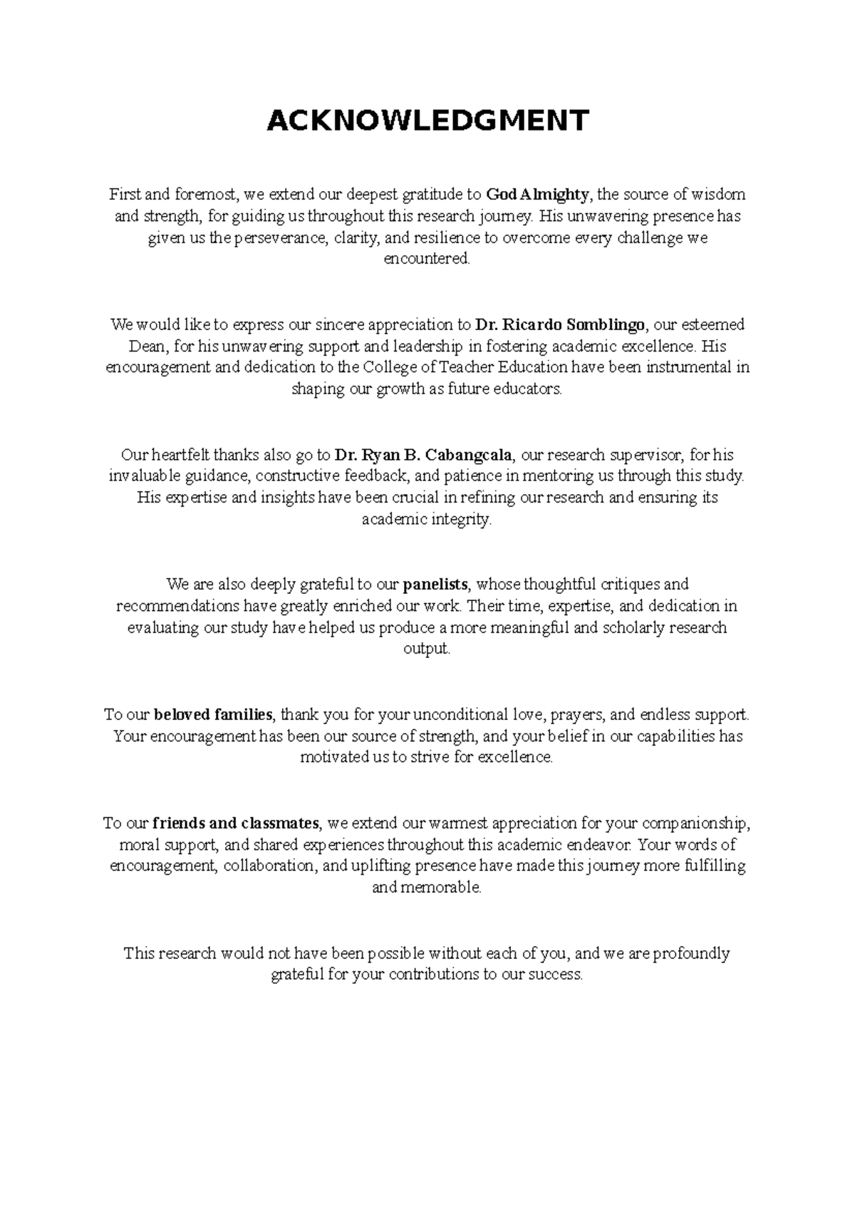 Acknowledgment - ASSIGNMENT for Research Journey Support - Studocu