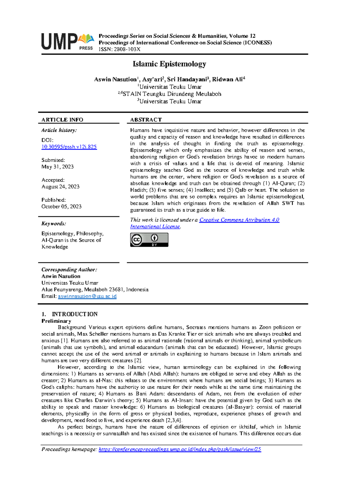 Islamic Epistemology: Insights from the Proceedings of ICONESS 12 - Studocu