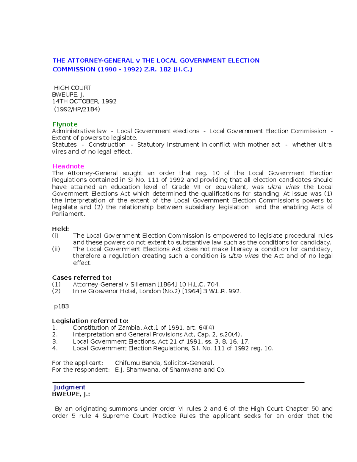 Attorney General v Local Govt Election Commission (HP 2184/1992 ...