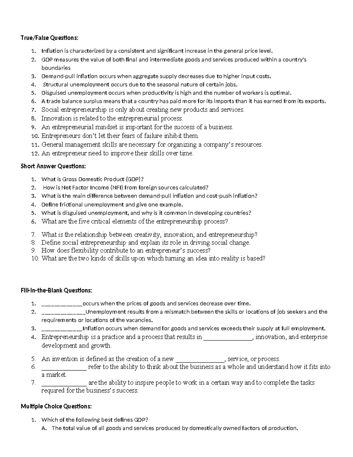 Economics Grade 9 Worksheet III: True/False and Questions - Studocu
