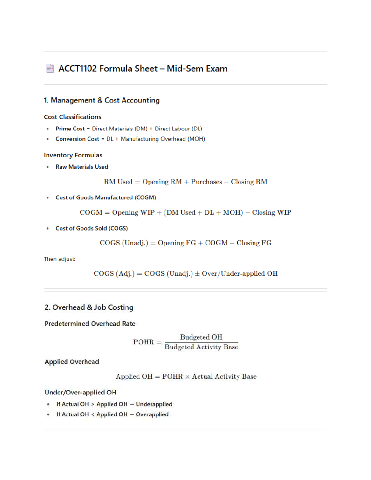 ACCT1102 Mid-Sem Exam Formula Sheet for Cost Accounting - Studocu