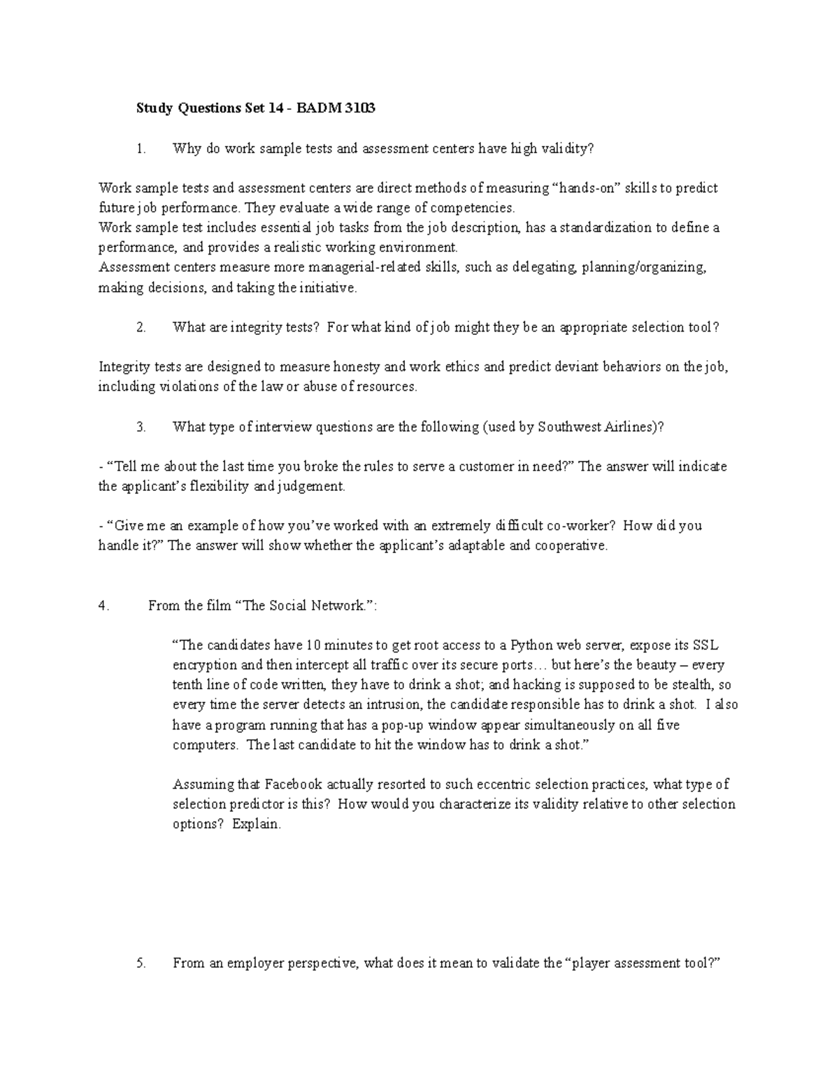 Study Questions Set 14 - BADM 3103 - Study Questions Set 14 - BADM 3103 ...