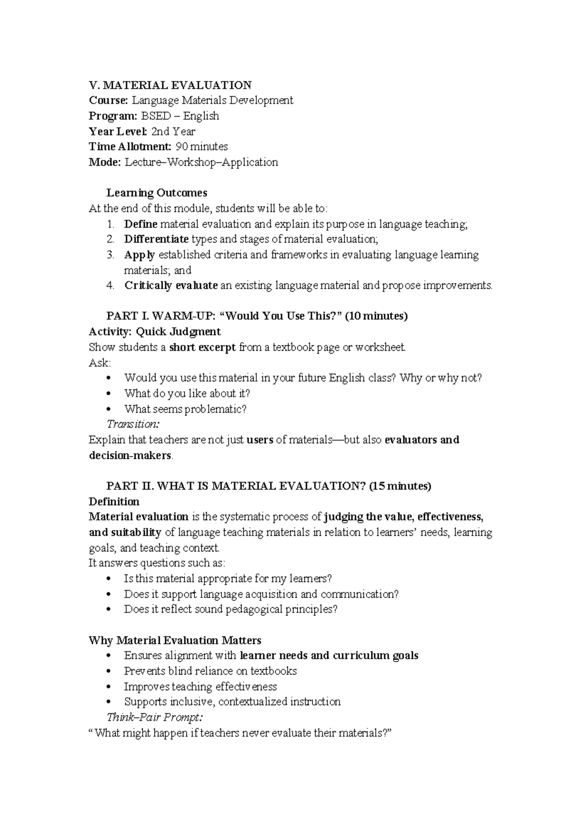 ELT3: Material Evaluation Workshop for Language Teaching - Studocu
