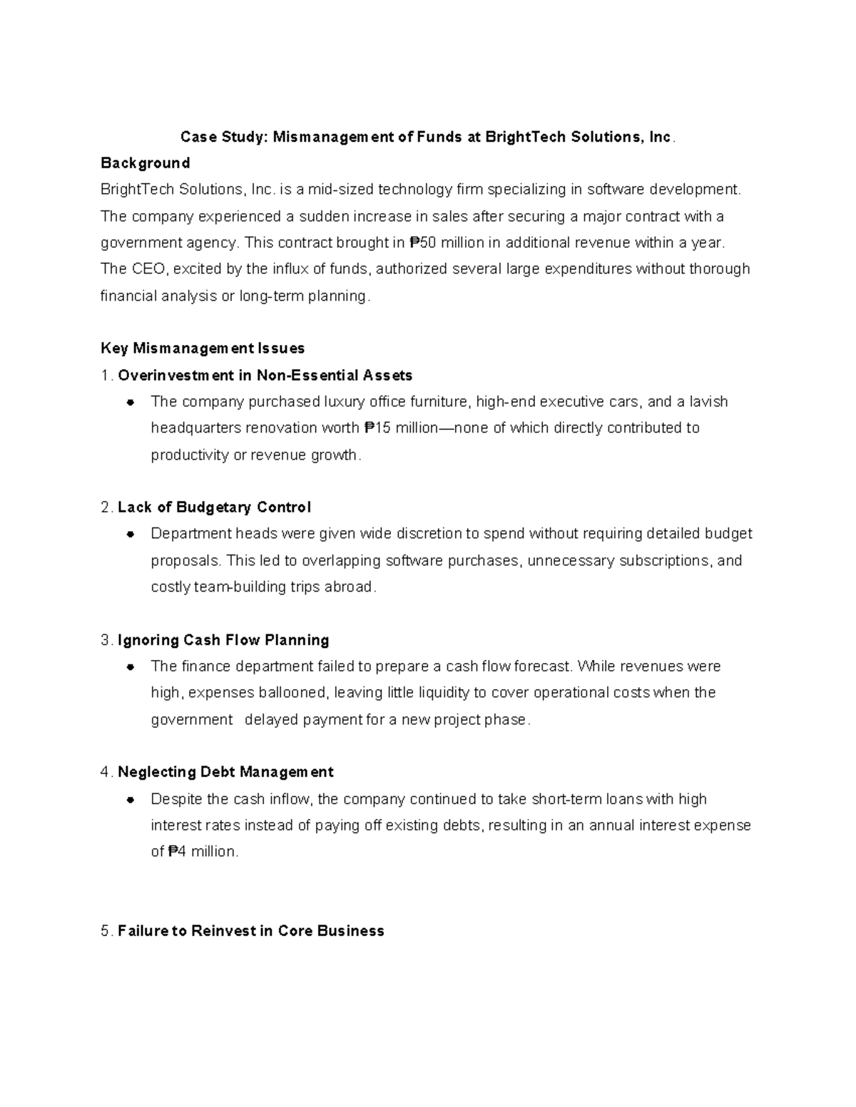 Case Study: Financial Mismanagement at BrightTech Solutions, Inc. - Studocu
