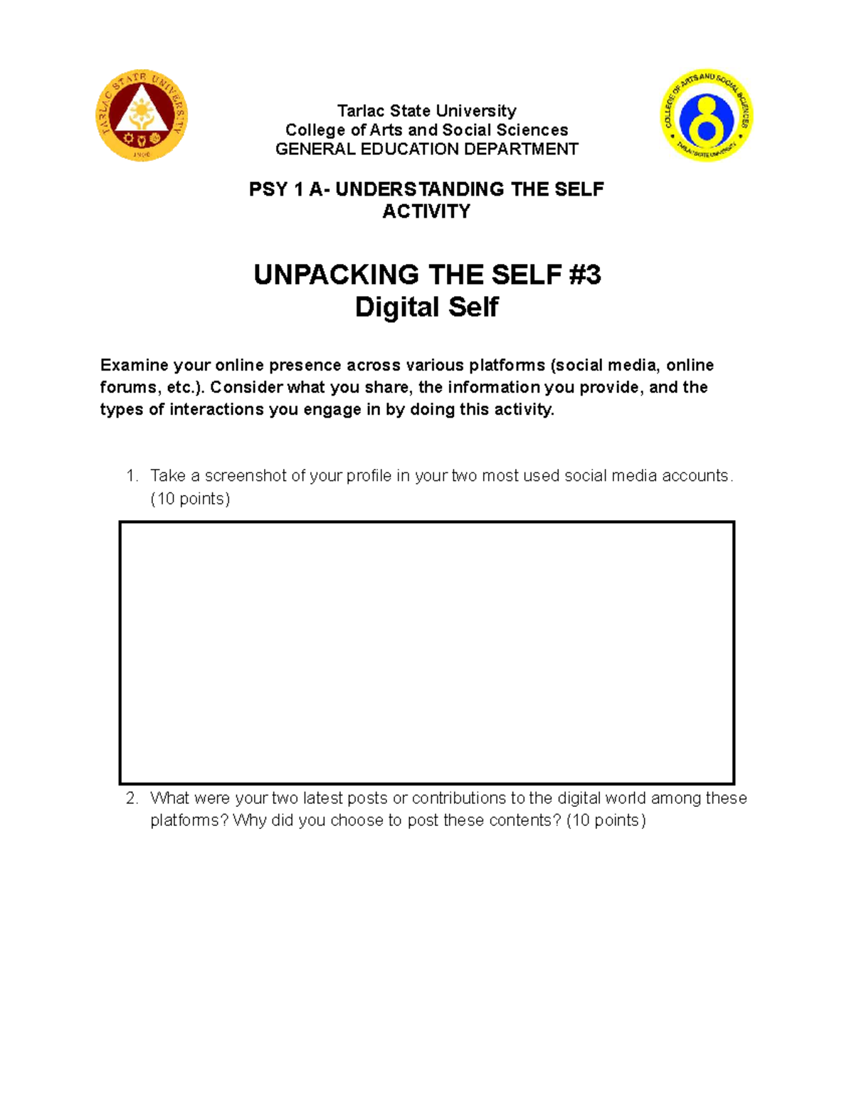 PSY 1 Activity: Unpacking the Digital Self at TSU - Studocu