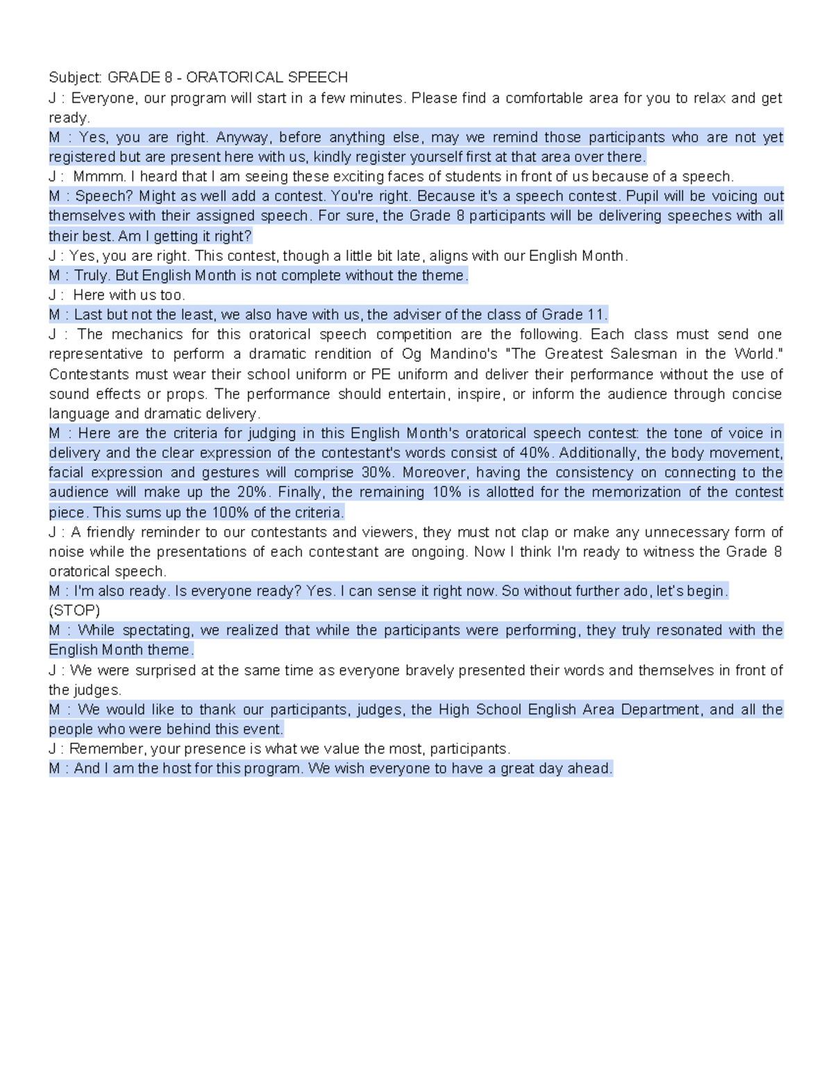 Grade 8 Oratorical Speech Contest Program Script - Studocu