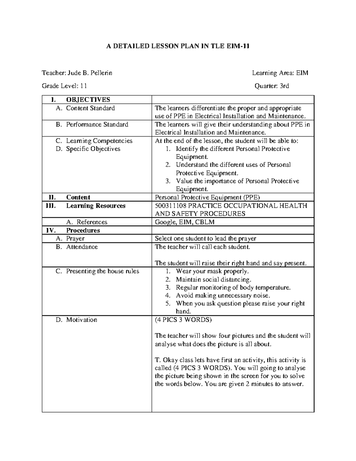 Detailed Lesson Plan on PPE in TLE EIM (Grade 11) by Pellerin - Studocu