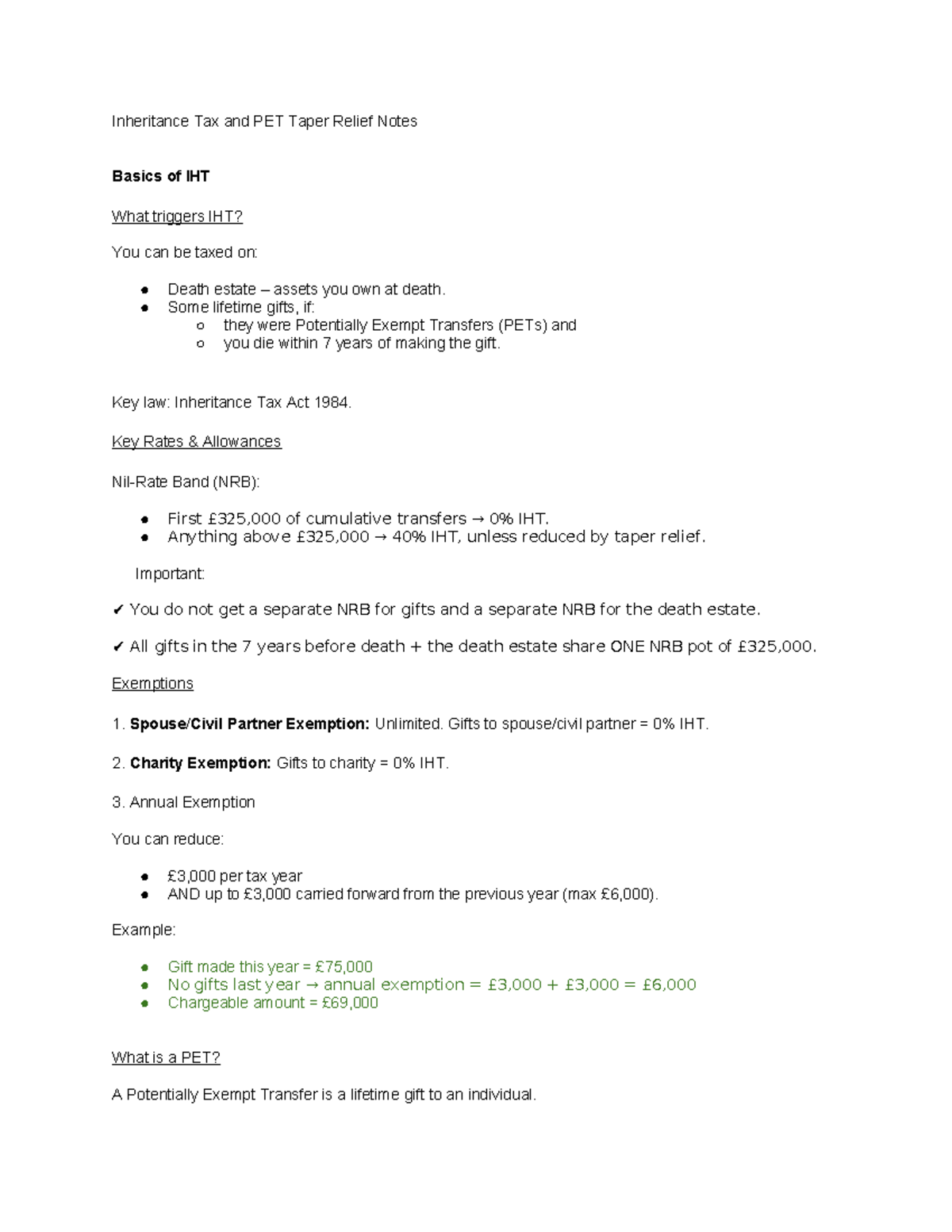 IHT Notes: Understanding Inheritance Tax and PET Taper Relief - Studocu