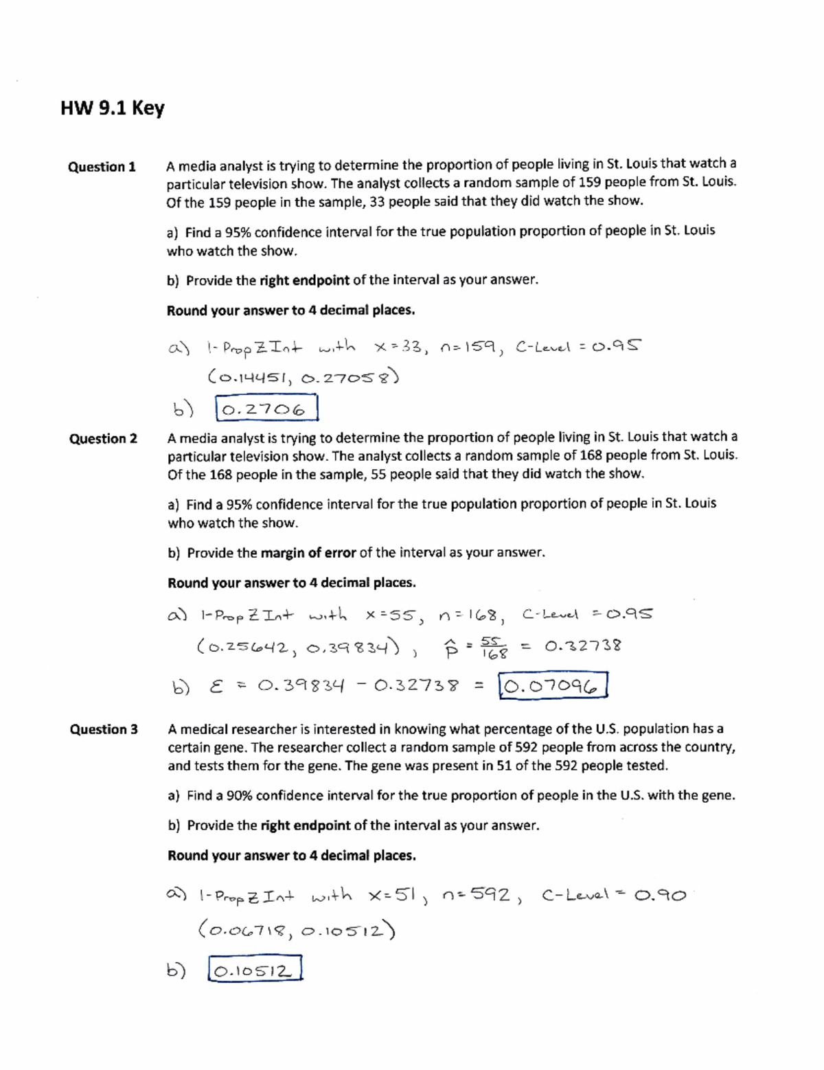 HW 9.1 Key - Intro to Statistics Confidence Intervals for Proportions ...