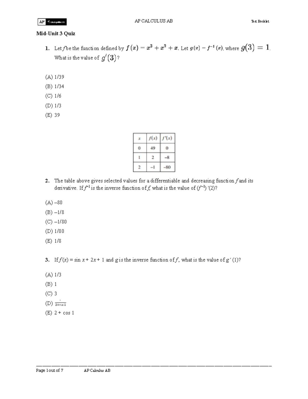 Mid Unit 3 Quiz - CALCULUS 3: Inverse Functions & Tangents - Studocu