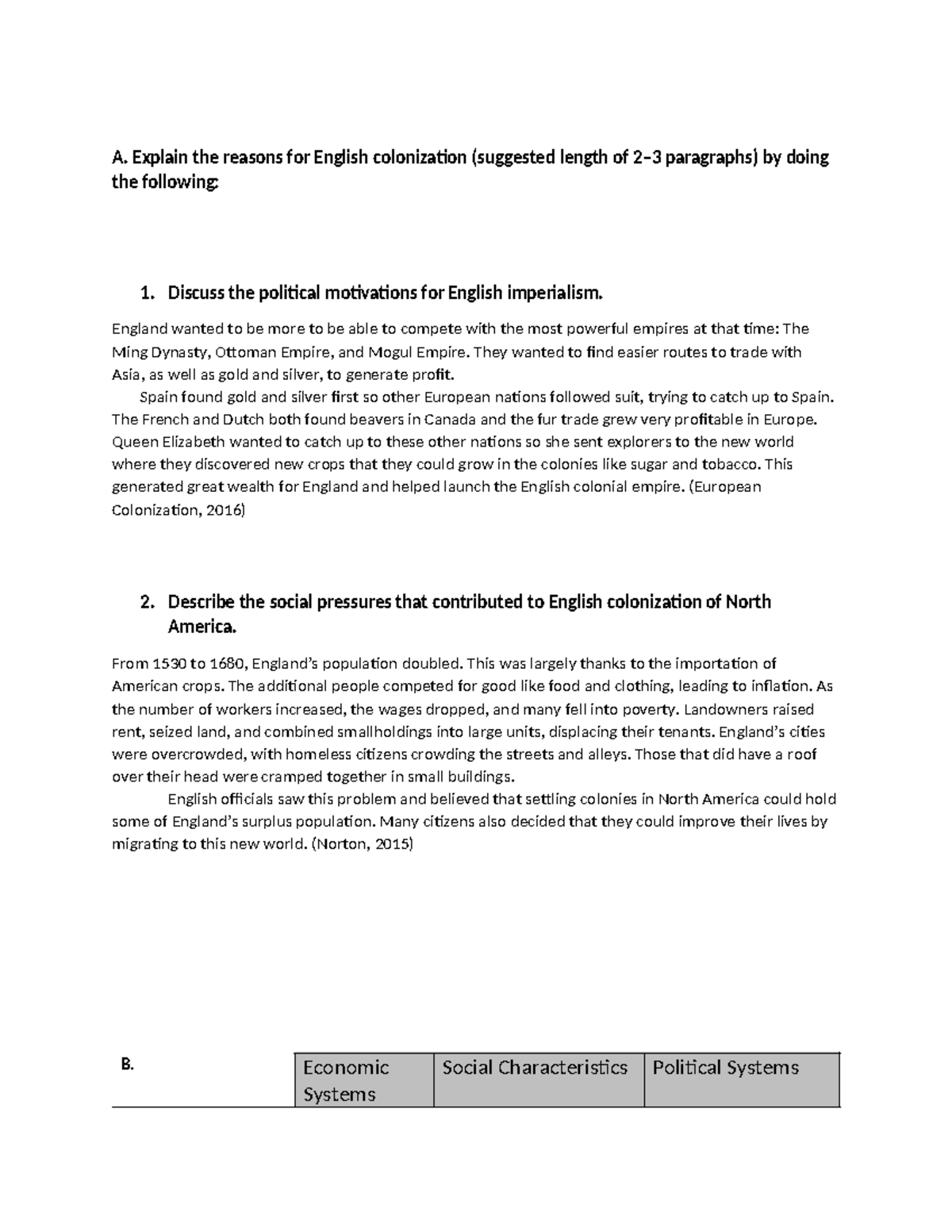 C121 Task 1 - Passed - A. Explain the reasons for English colonization ...