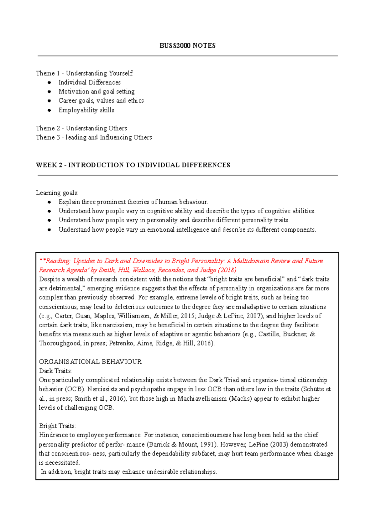 BUSS2000 Notes - BUSS2000 NOTES Theme 1 - Understanding Yourself ...