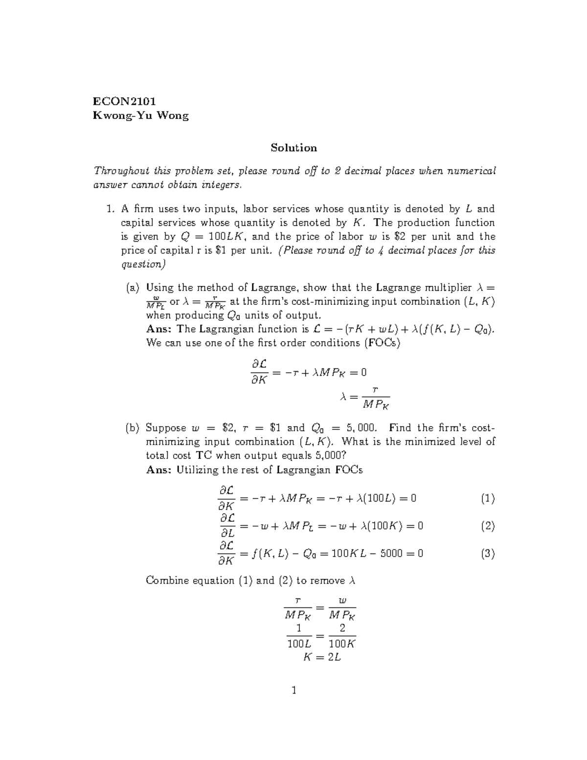 PS08 sol - jhgfdsa - ECON Kwong-Yu Wong Solution Throughout this ...