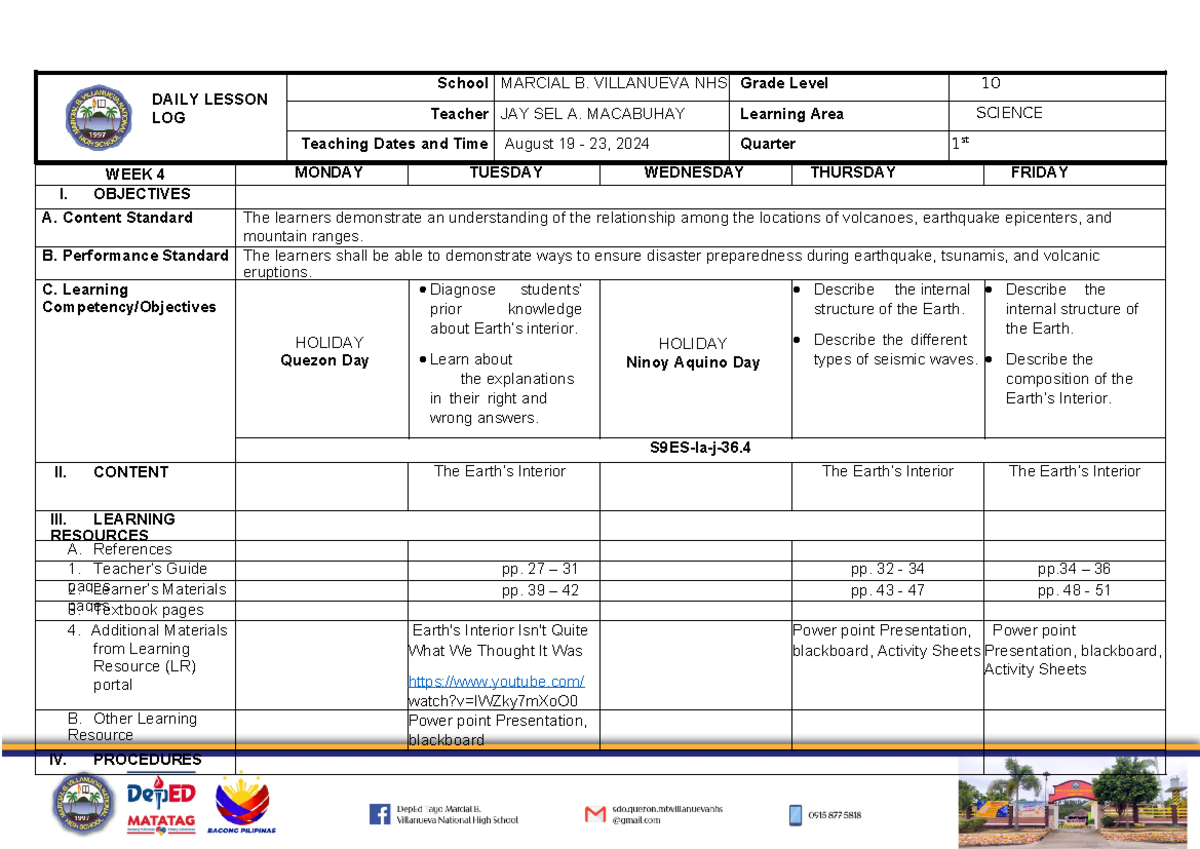 Q1 Science 10 DLL - Week 4 Lesson Plan on Earth's Interior 2024 - Studocu