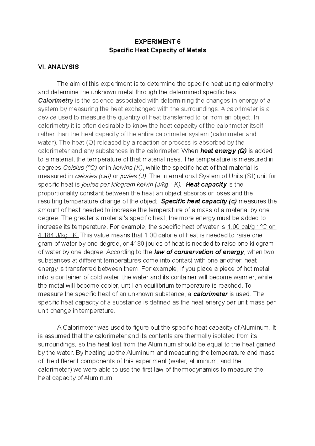 Specific Heat Capacity of Metals - ANALYSIS The aim of this experiment ...