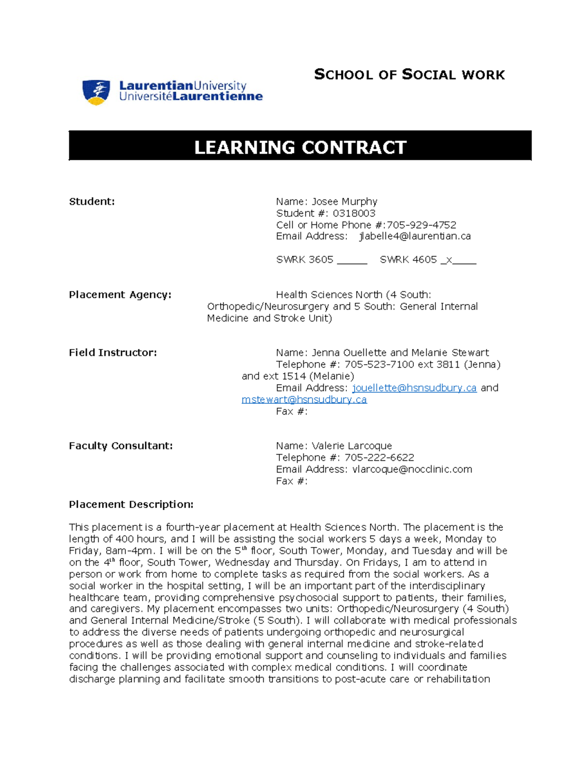 SWRK 3605 Learning Contract for Social Work Placement at Health ...