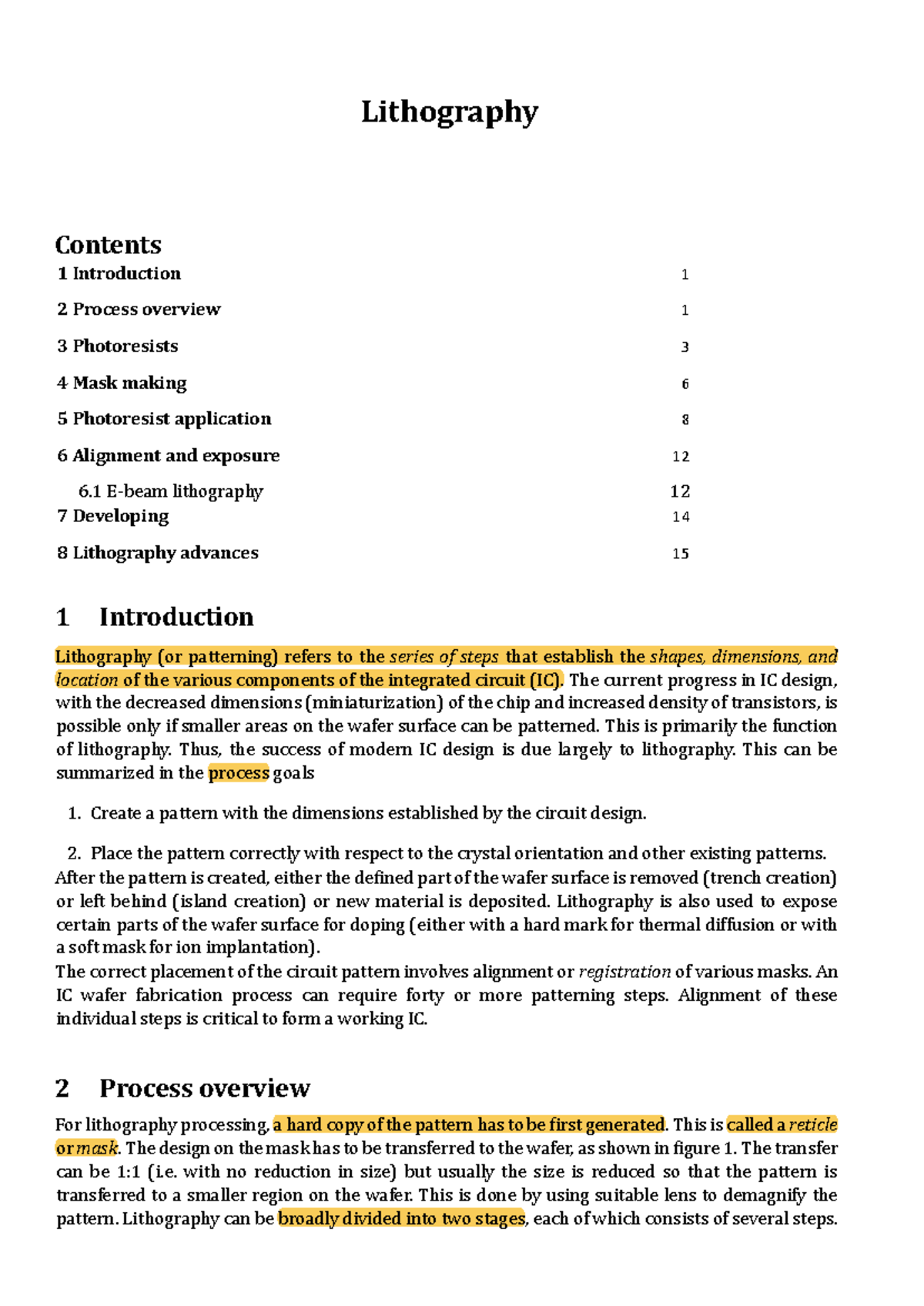 Lithography Process Overview and Advances - EE 101 - Studocu