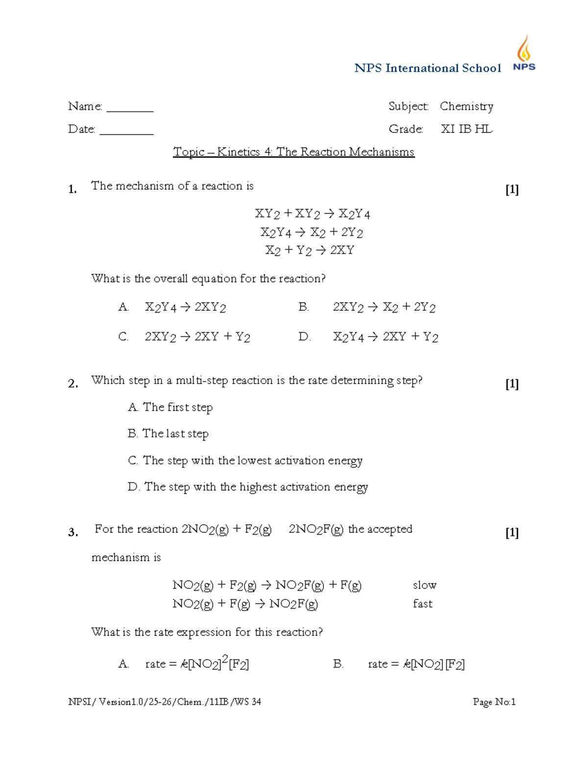 Kinetics Worksheet 4: Reaction Mechanisms - XI IB HL - Studocu