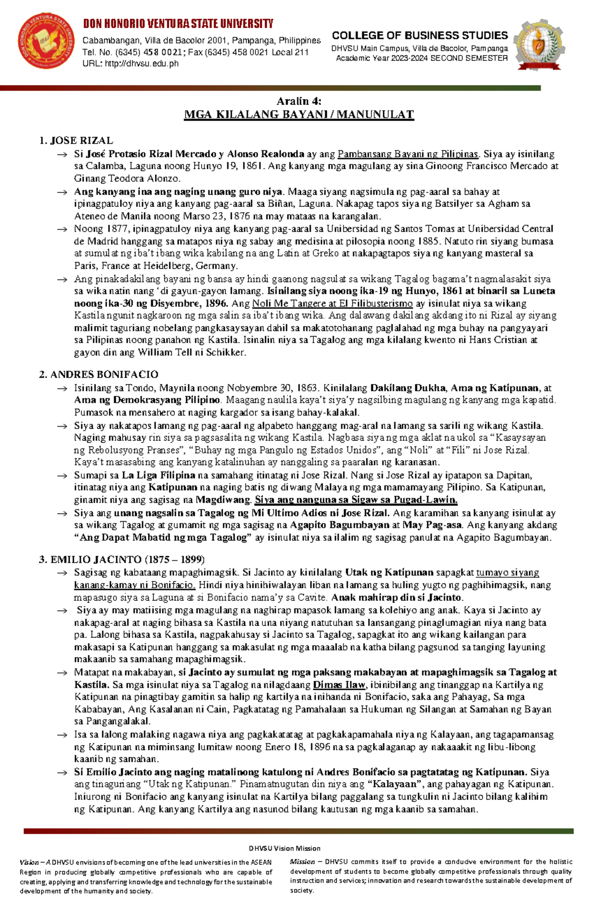 Lecture 3: DHVSU's Vision & Mission and Notable Filipino Heroes - Studocu