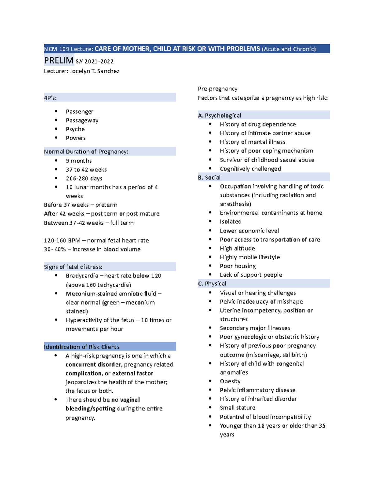 NCM 109 Lecture: Care for High-Risk Mothers and Children - Studocu