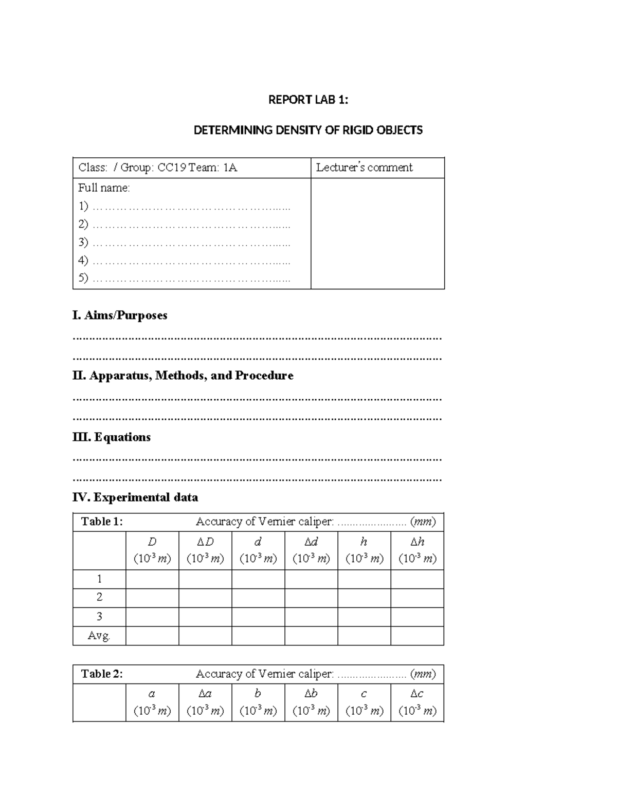 LAB 1 REPORT: DETERMINING DENSITY OF RIGID OBJECTS CC19 - Studocu