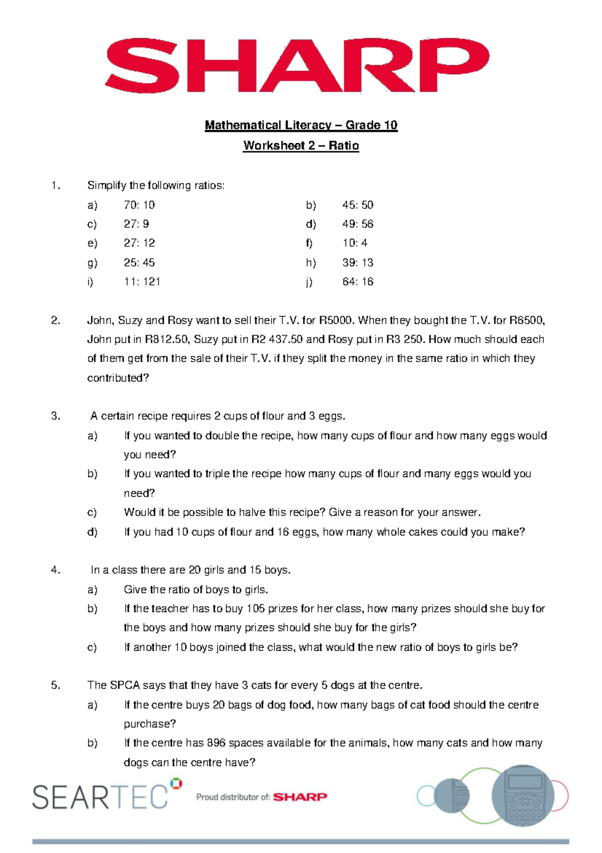 Worksheet 2: Ratios in Grade 10 Mathematical Literacy Term 1 - Studocu