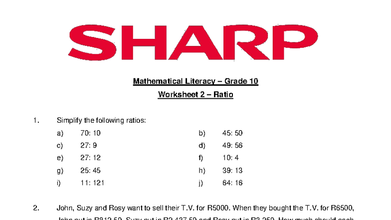Worksheet 2: Ratios in Grade 10 Mathematical Literacy Term 1 - Studocu