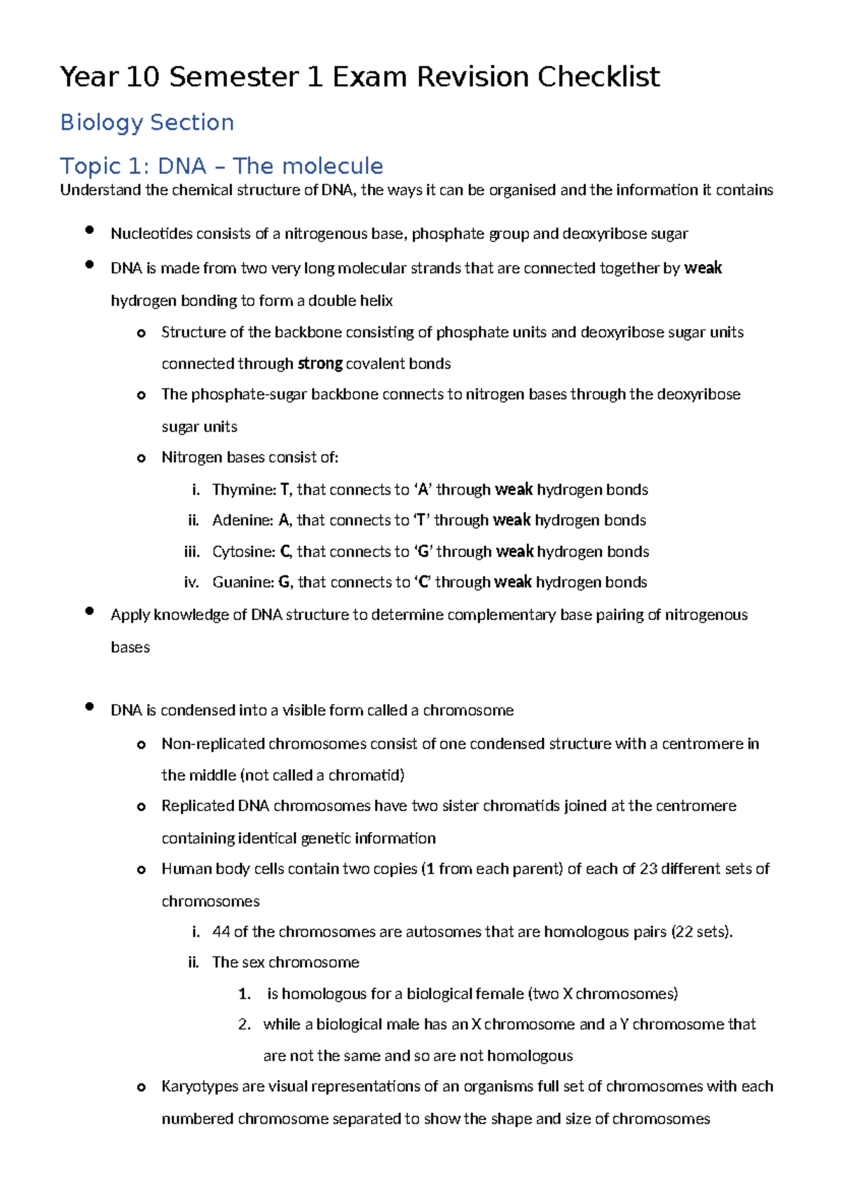 Year 10 Biology Semester 1 Exam Revision Checklist 2026 - Studocu