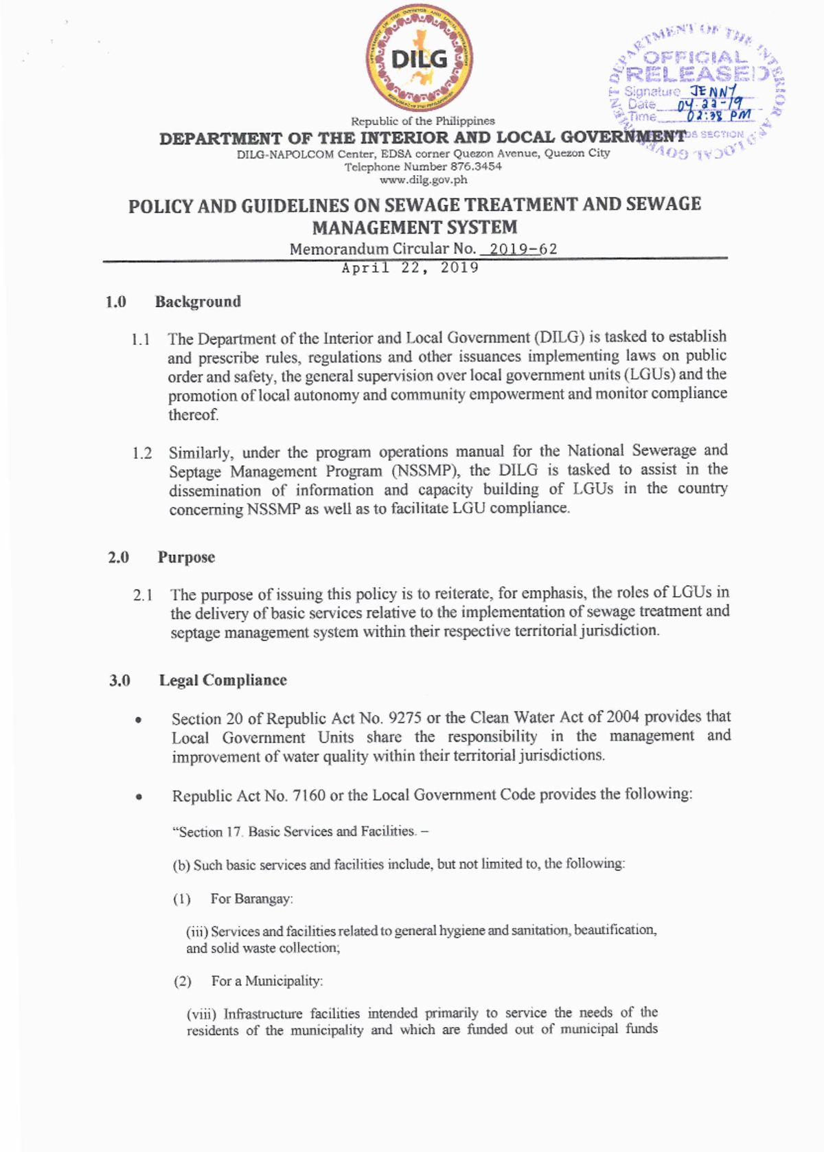 DILG MC-2019-62 - Guidelines for Septage Management Program - Studocu