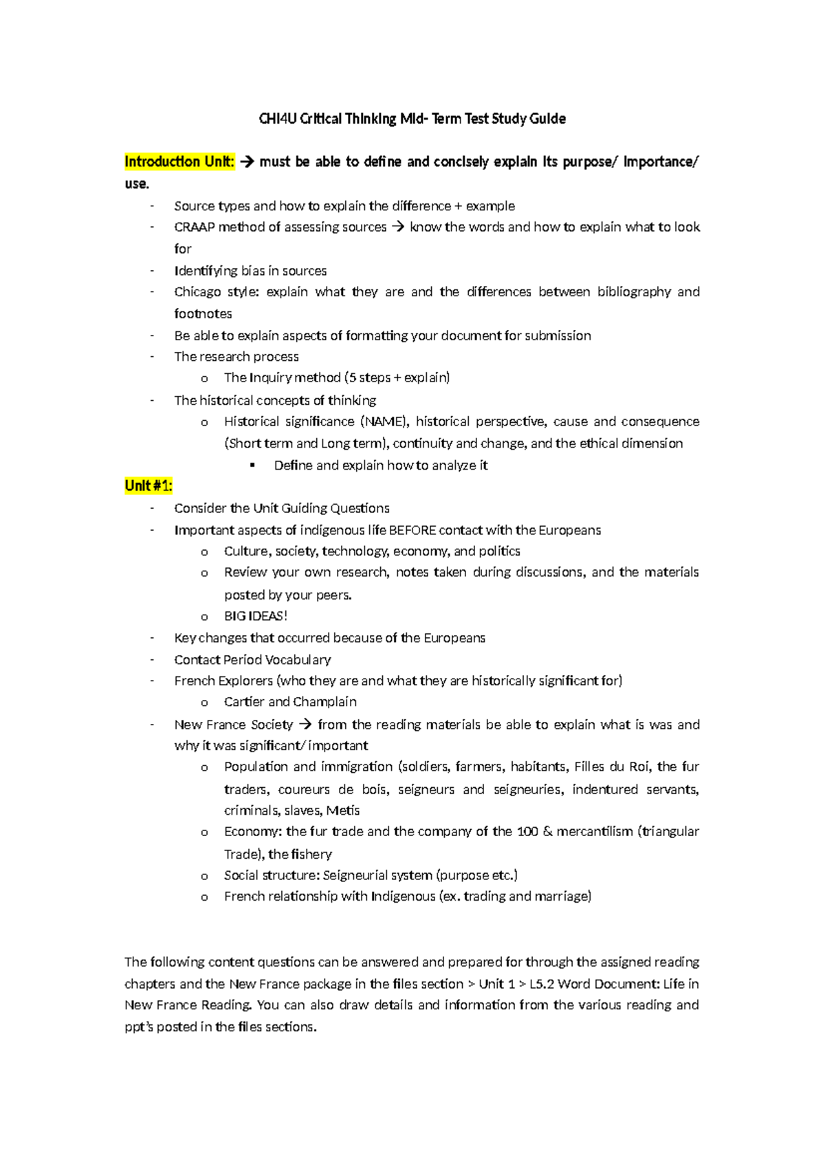 CHI4U Critical Thinking Midterm Test Study Guide Overview - Studocu