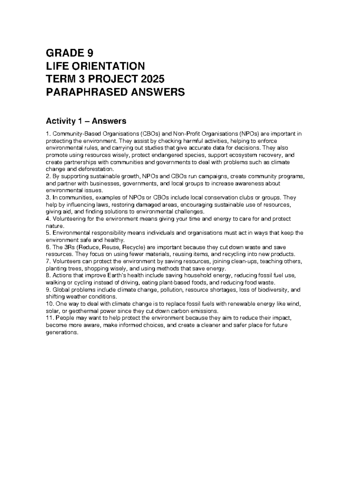 Grade 9 LO Term 3 Project: Paraphrased Environmental Answers - Studocu