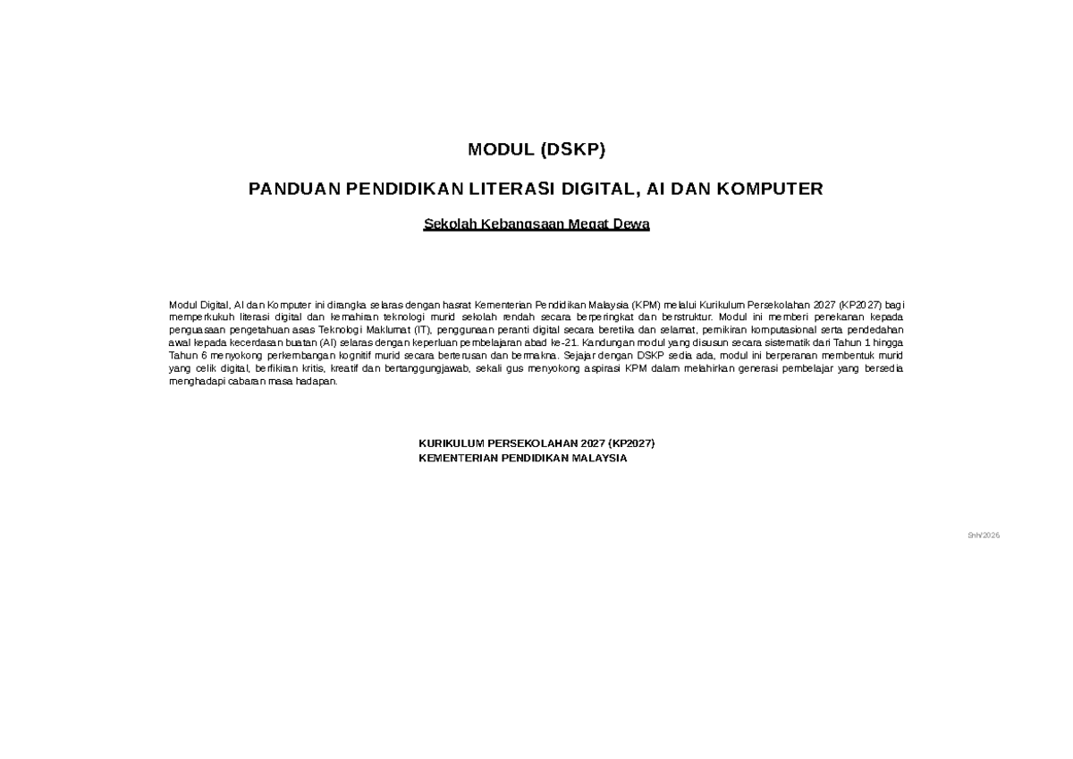 Modul DSKP Pendidikan Literasi Digital, AI & Komputer (Tahun 1-6) - Studocu