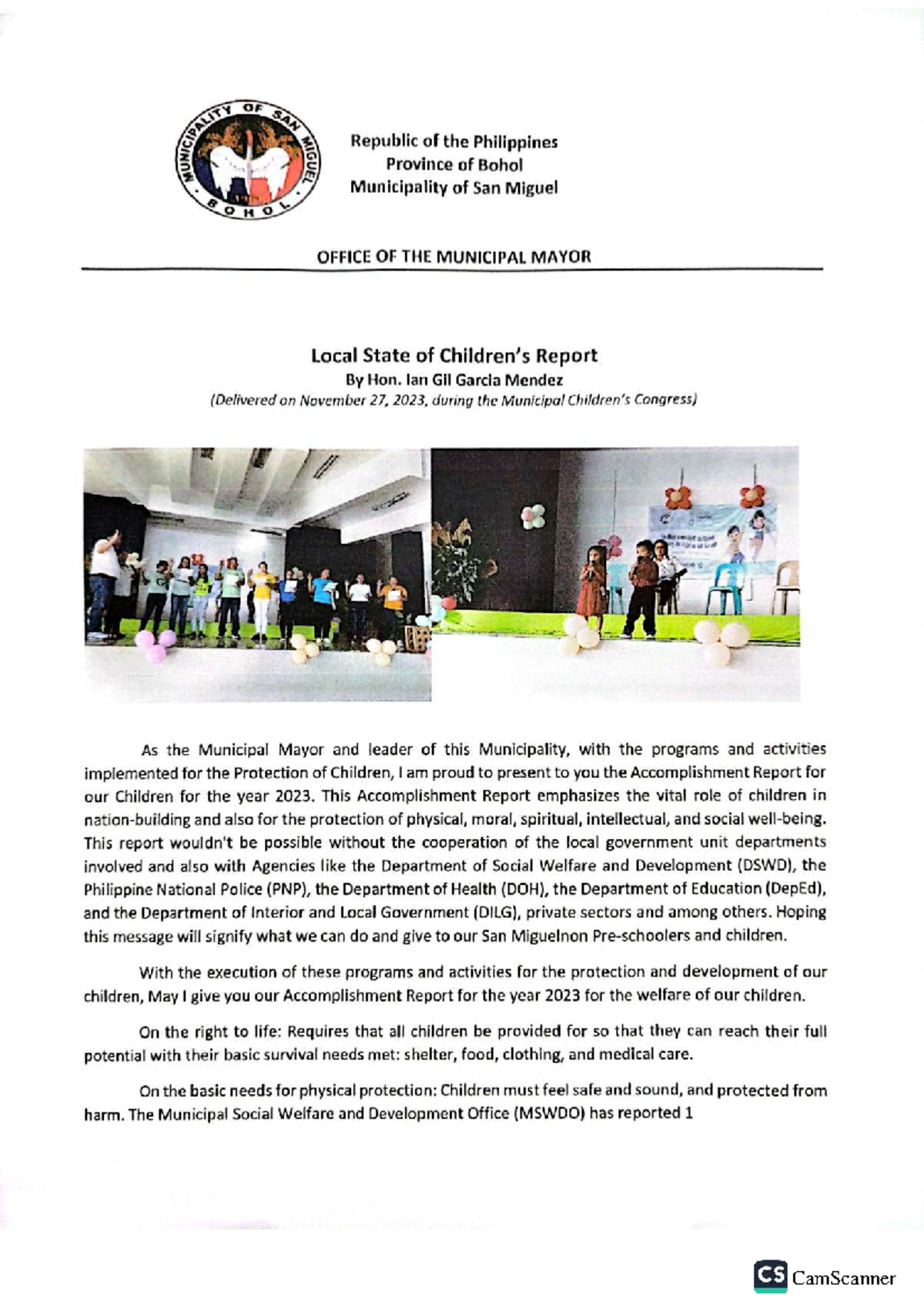 Local State of Children's Report (2023) - San Miguel, Bohol - Studocu