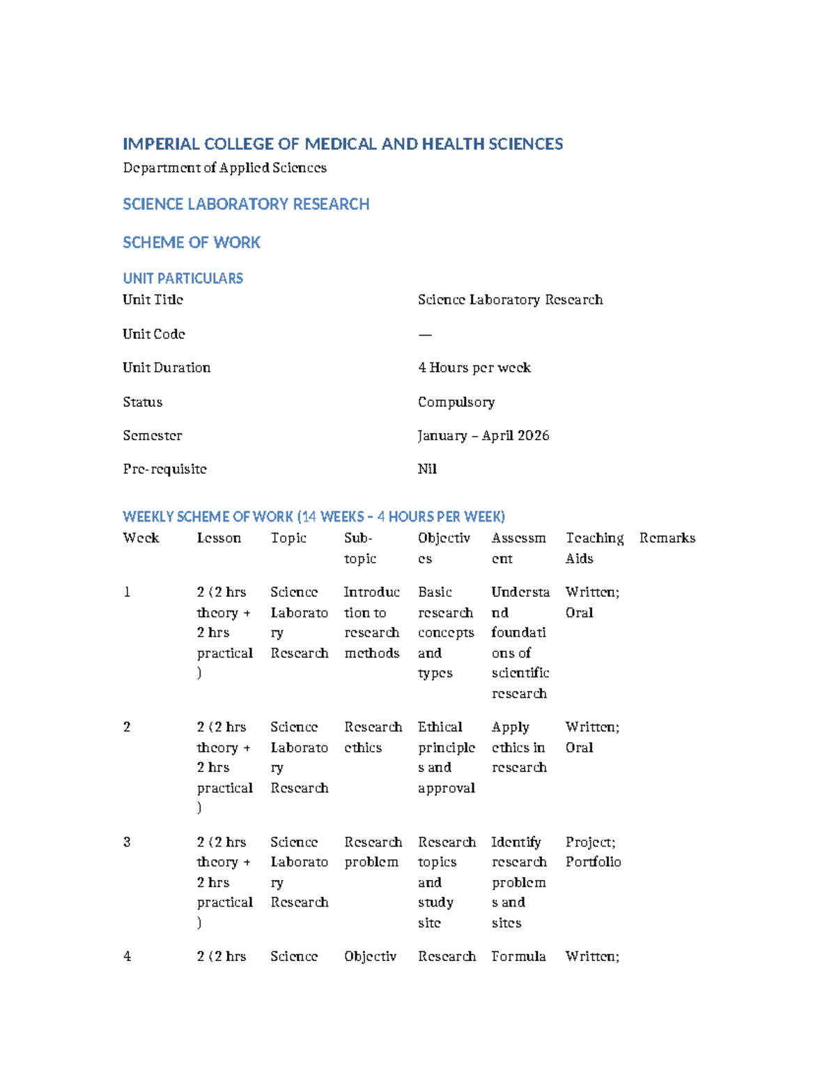 Science Laboratory Research Scheme of Work (Unit Code: 2026) - Studocu